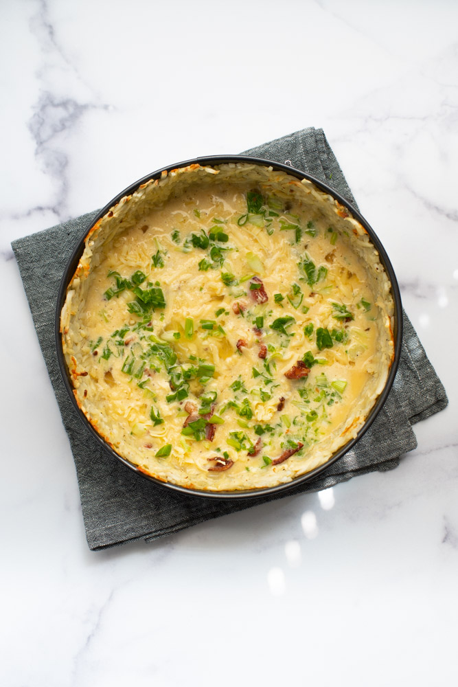 Bacon Cheddar Quiche with Hashbrown Crust | The Frayed Apron